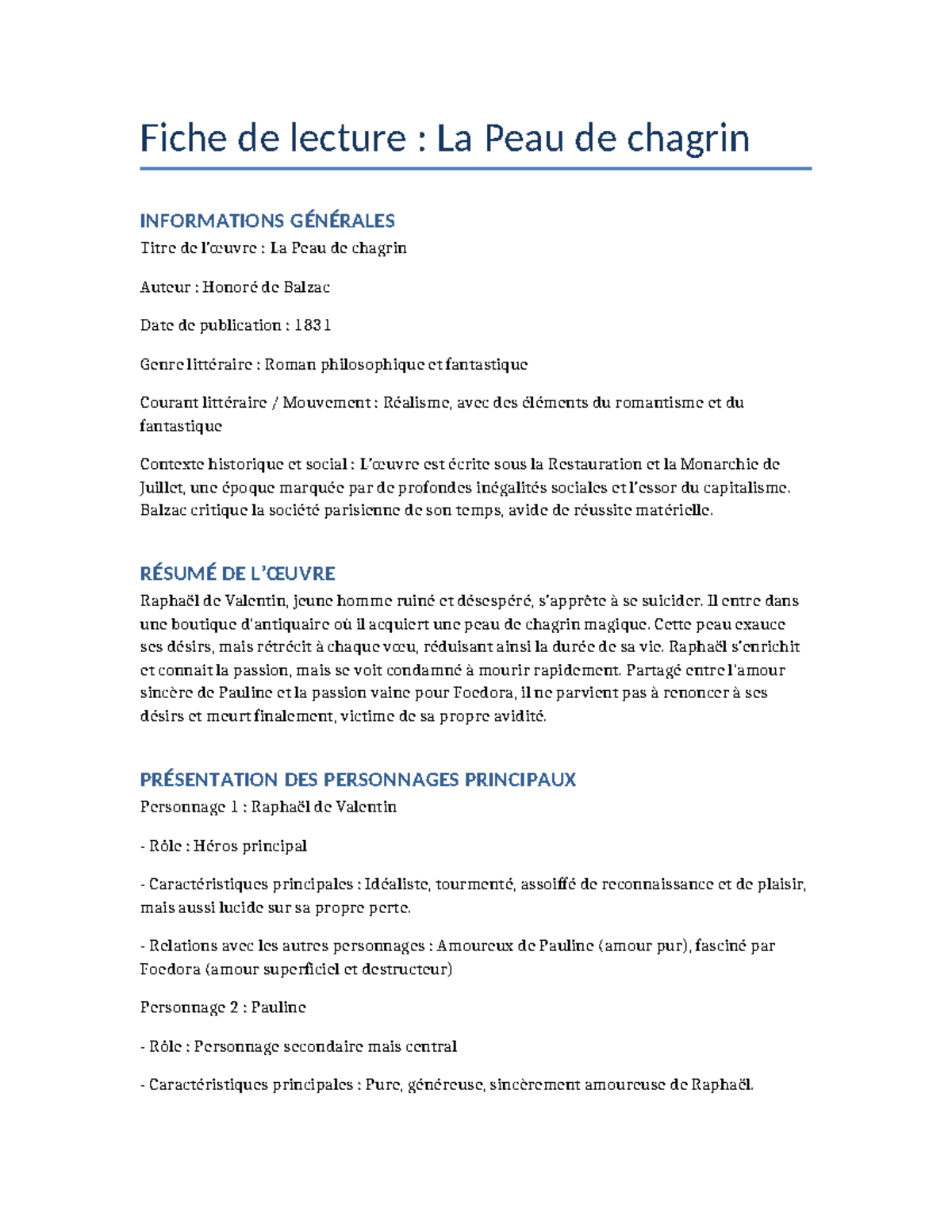 Fiche de Lecture : La Peau de chagrin - Analyse et Thèmes Principaux ...