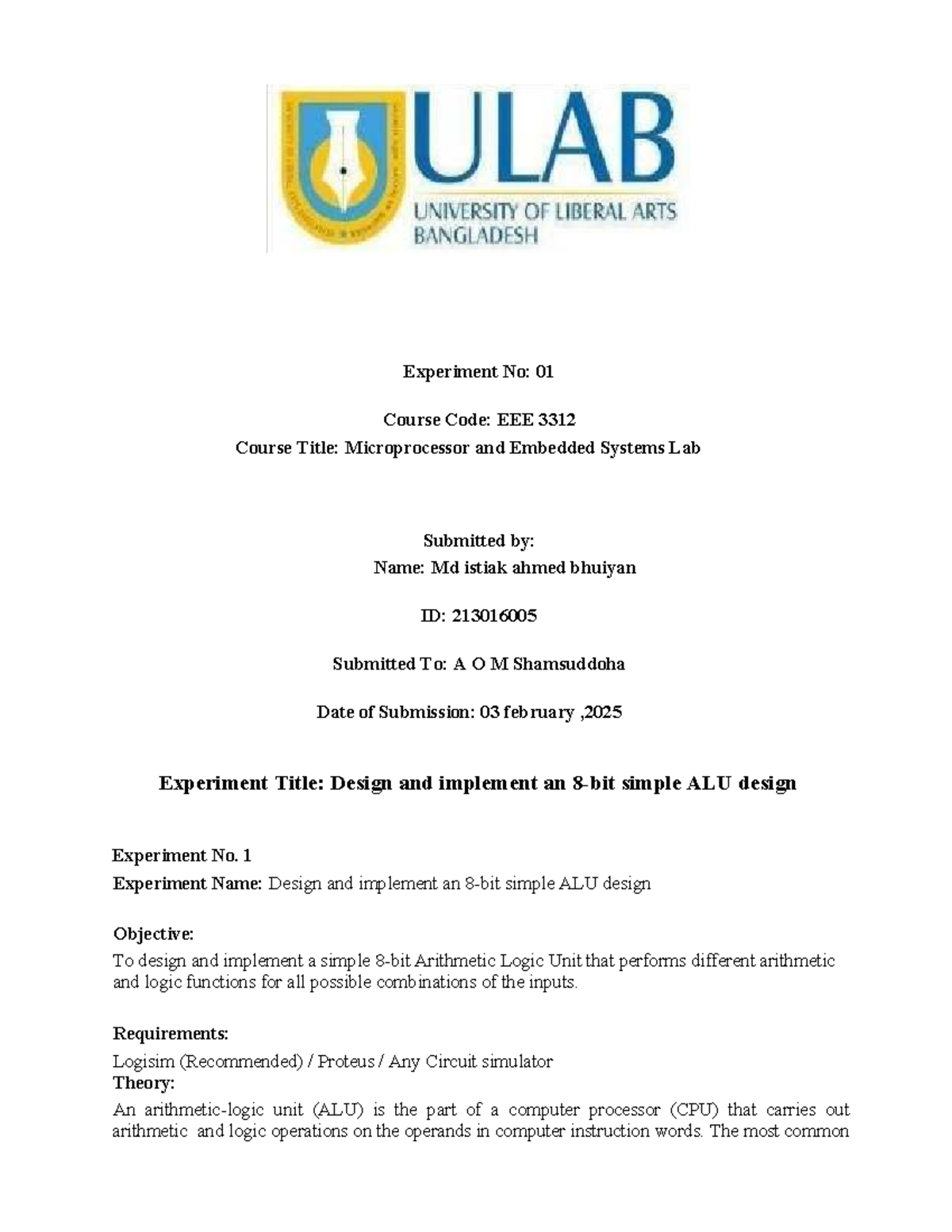 Microprocessor Lab 3312: ALU Design & Implementation Report - Studocu