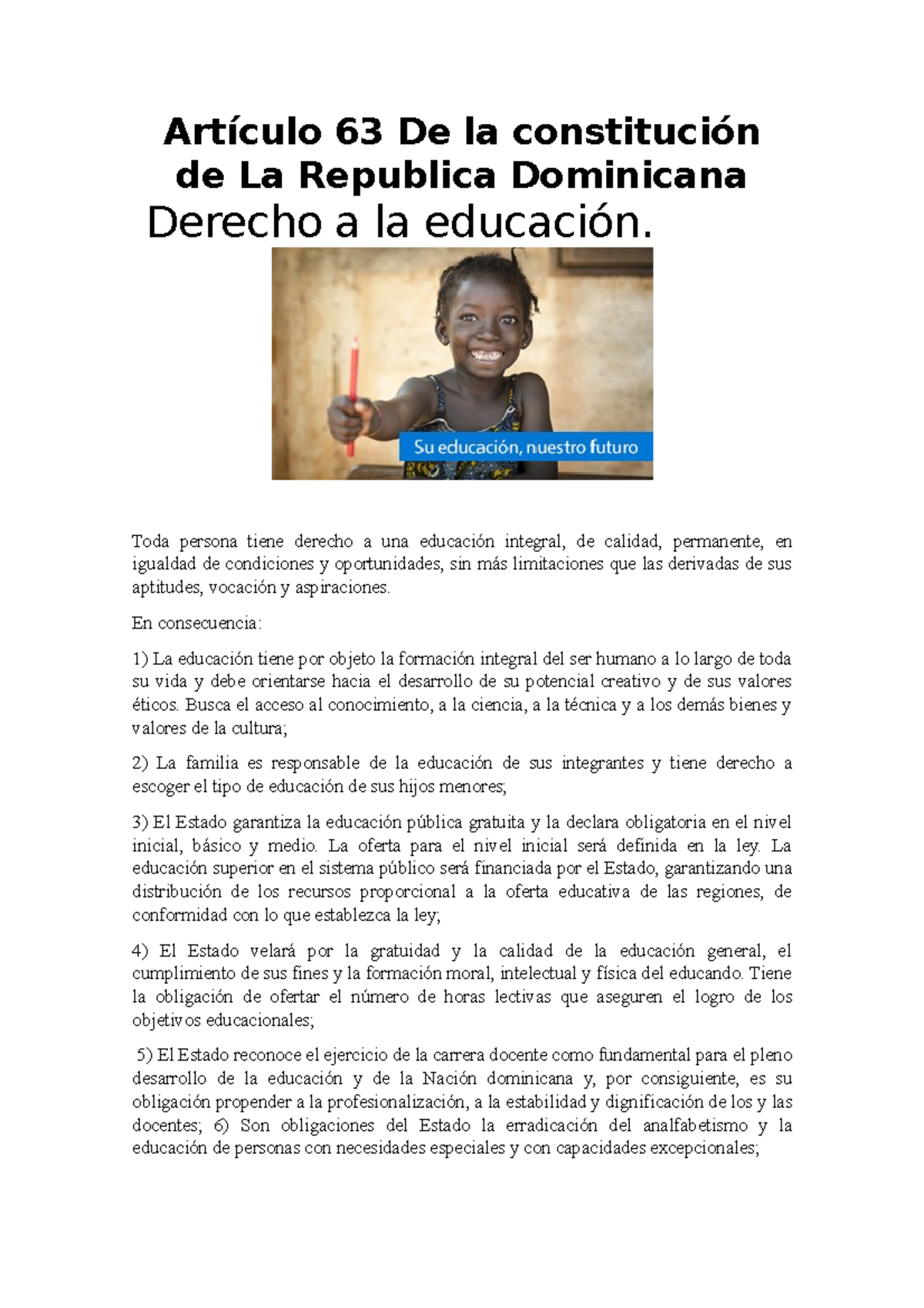 Artículo 63 - Derecho a la Educación en la Constitución Dominicana ...