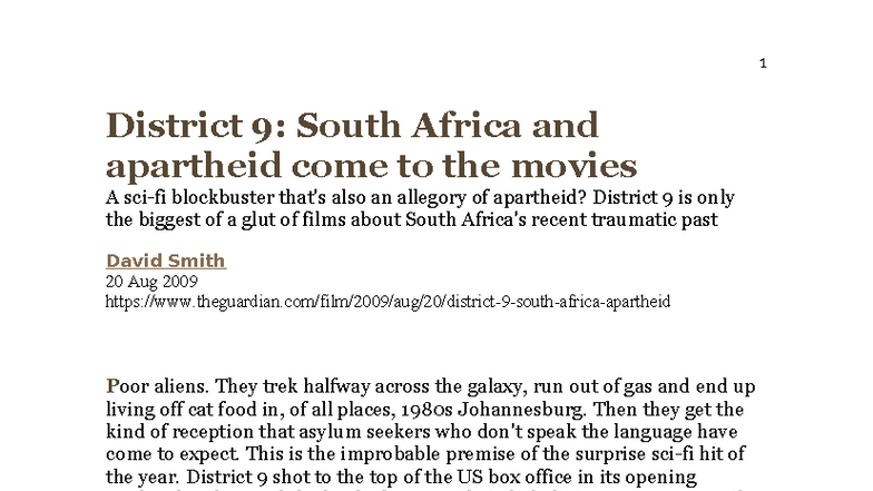 District 9 (2009) - A Review of South Africa's Allegorical Film - Studocu