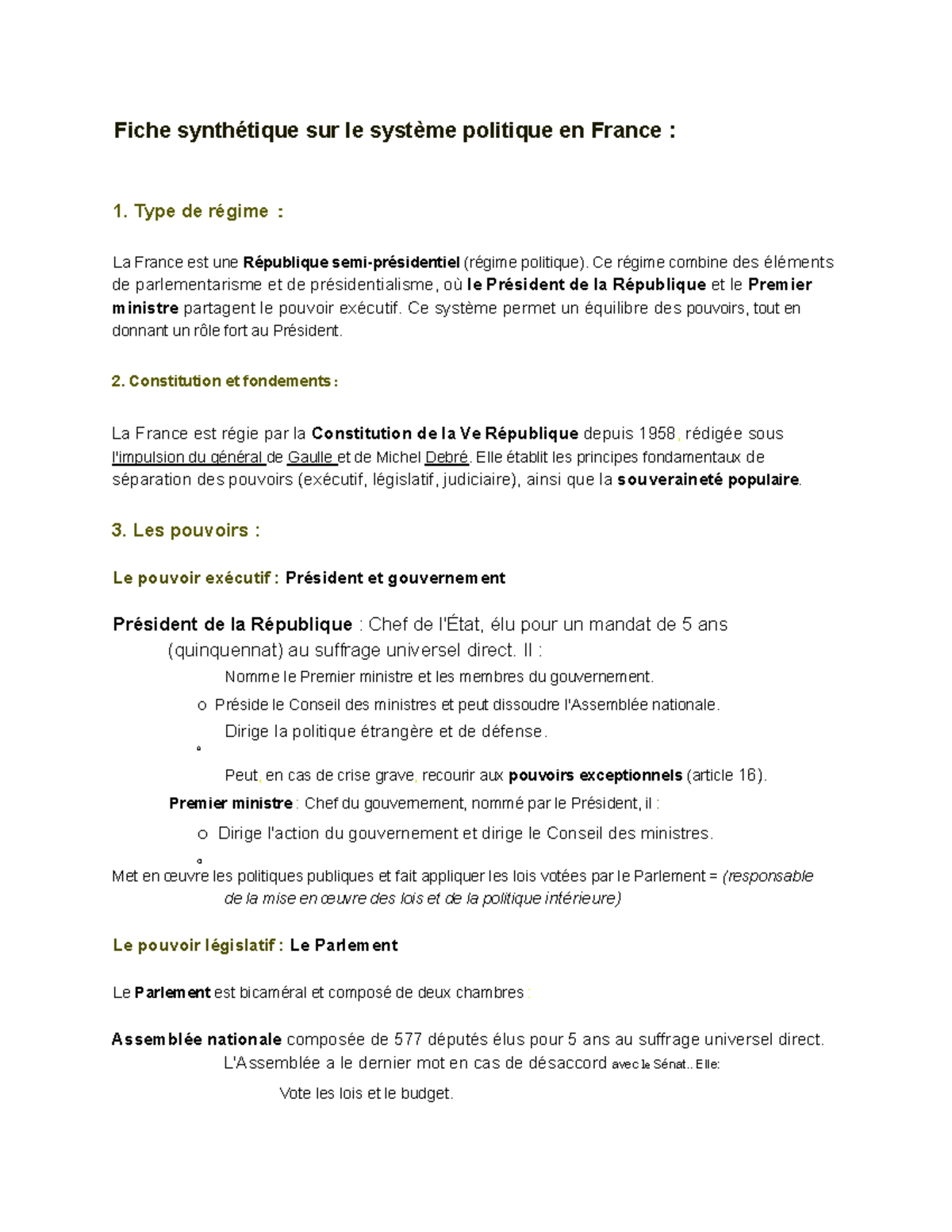 Fiche système politique FR - Fiche synthétique sur le système politique ...