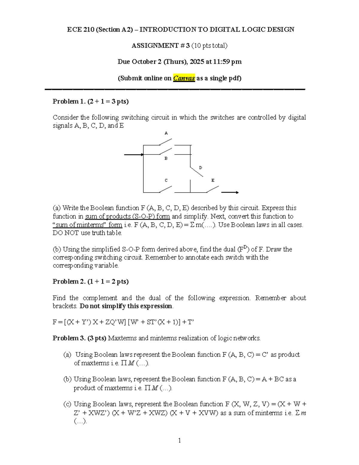 ECE 210 Assignment 3: Digital Logic Design Problems & Solutions - Studocu