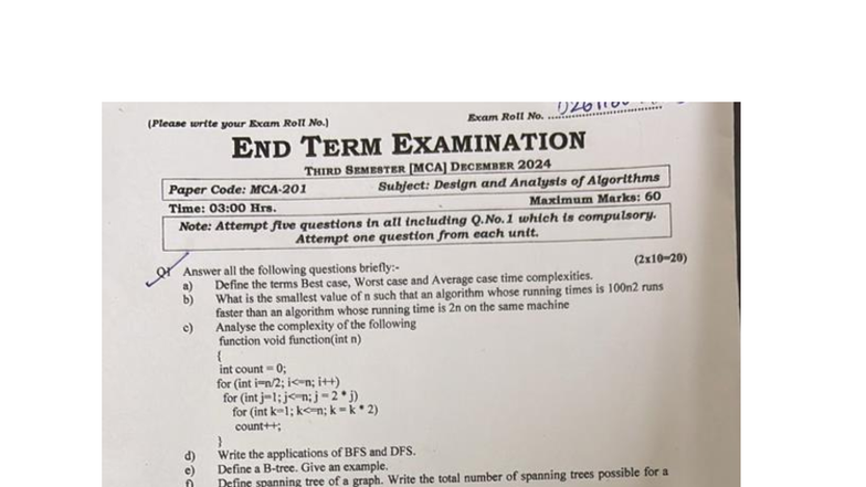 MCA 201 End Term Exam QP: Design & Analysis of Algorithms 2024 - Studocu