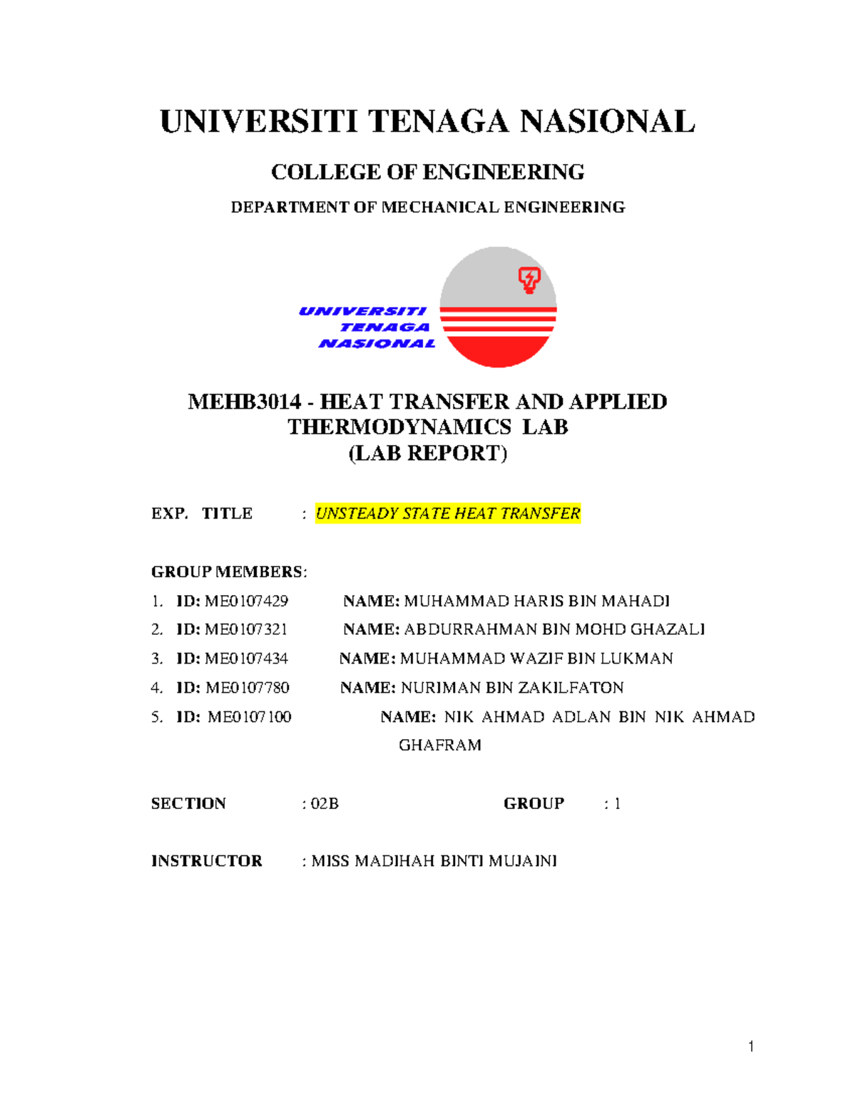 Experiment 5 - Unsteady State Heat Transfer - UNIVERSITI TENAGA ...