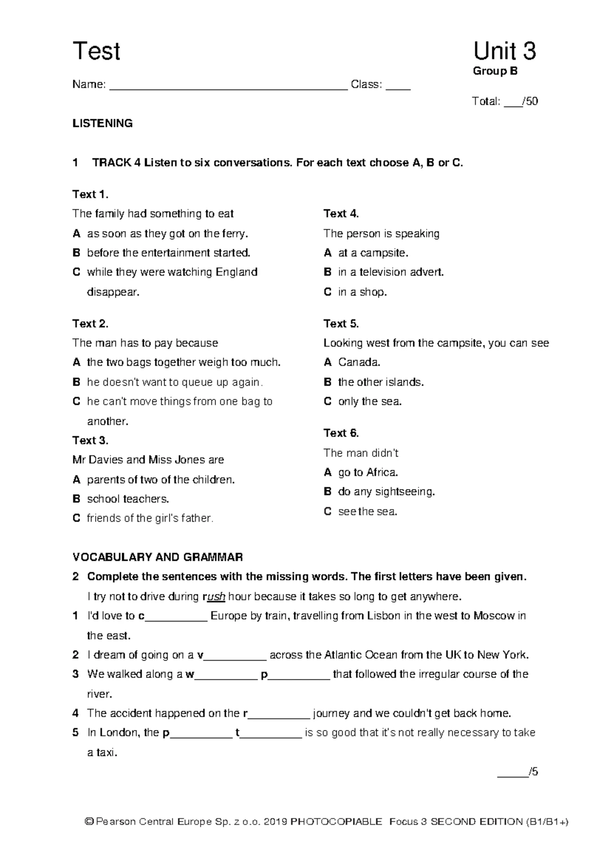 Focus 3 2E Unit 3 Listening and Vocabulary Test - Group B - Studocu