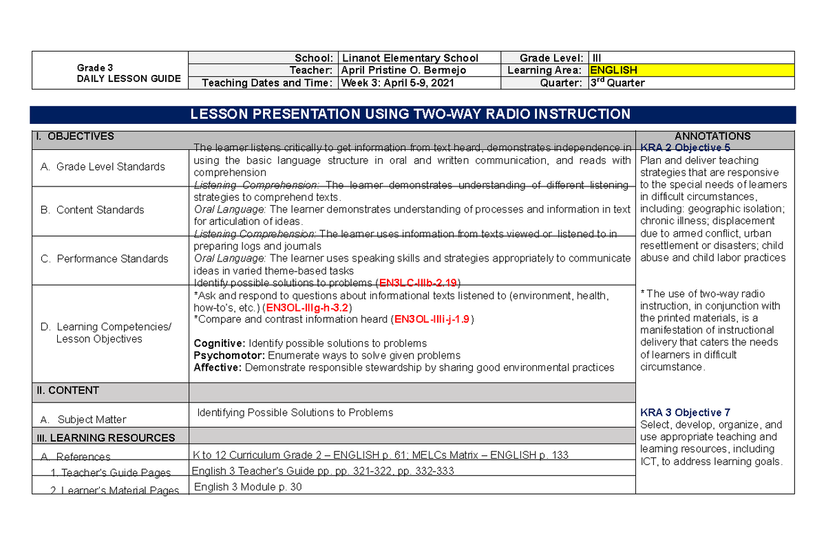 Grade 3 Quarter 3 English Lesson Plan: Two-Way Radio Instruction - Studocu
