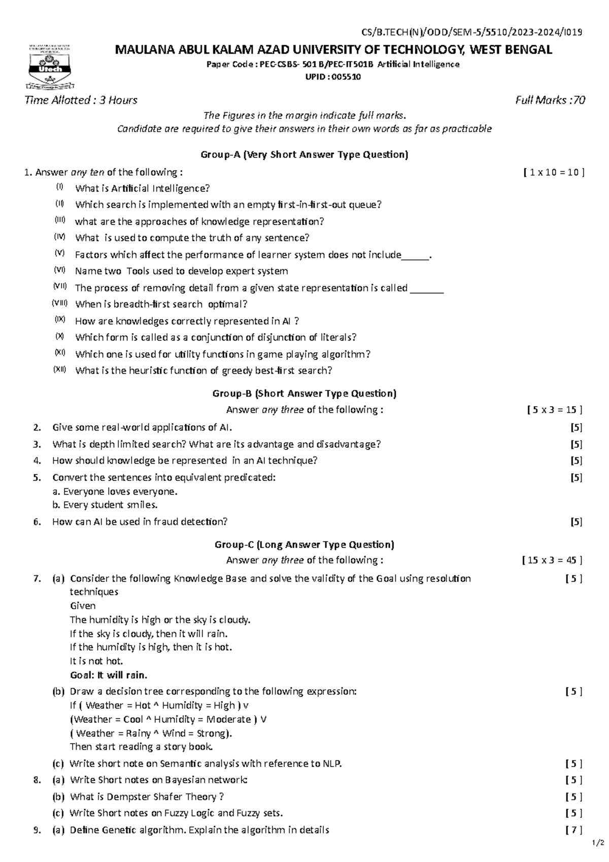 BTech CSE 5th Sem AI Exam Paper (PEC CSBS 501B) 2024 - Studocu