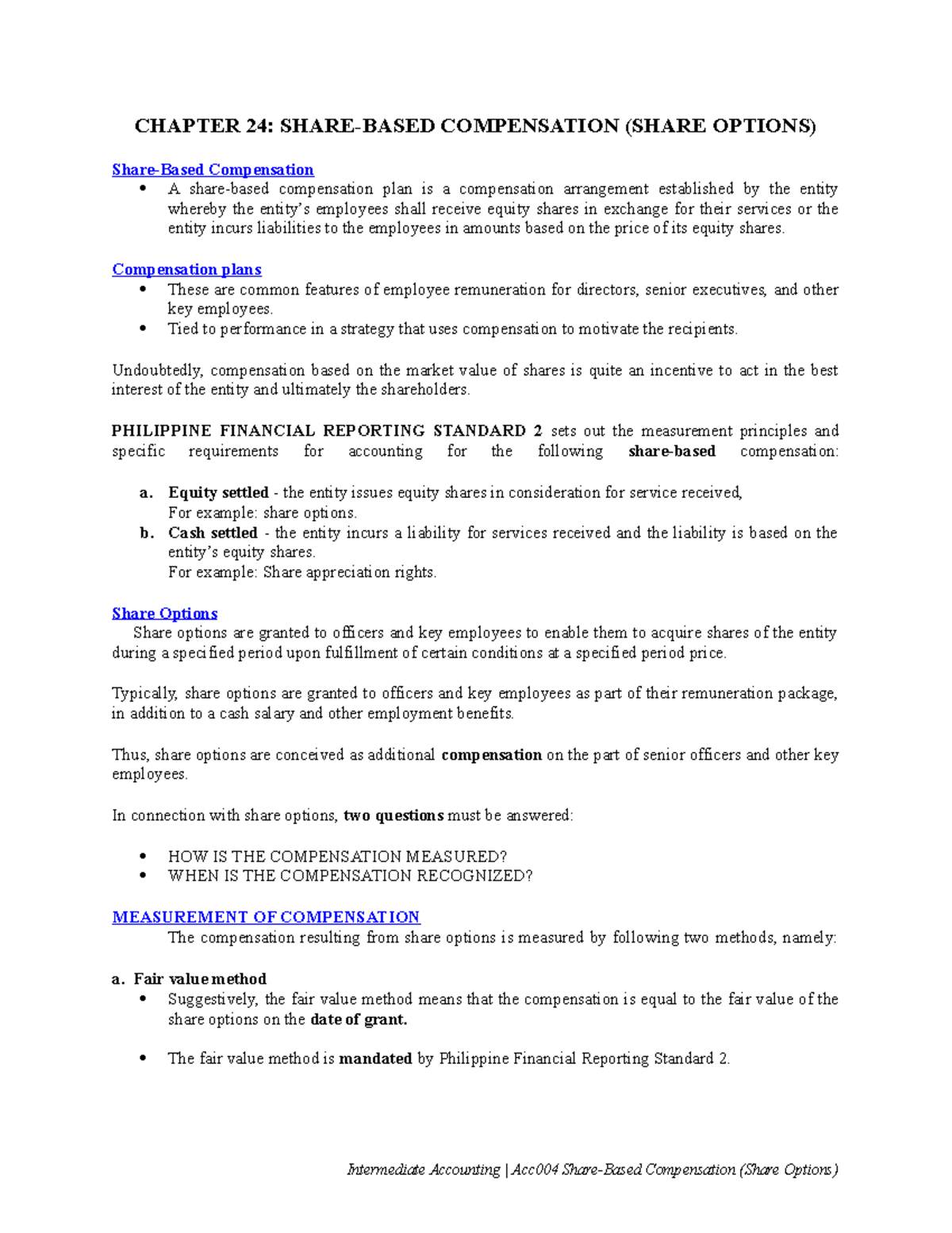 Acc004 Chapter 24 Summary: Share-Based Compensation Overview - Studocu