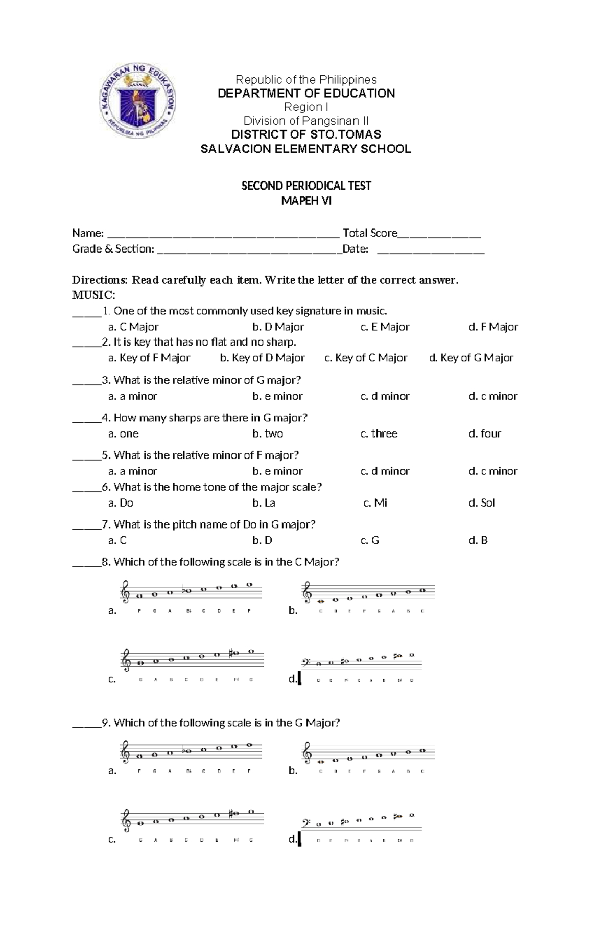 2nd Quarter Periodical Test MAPEH VI - Studocu
