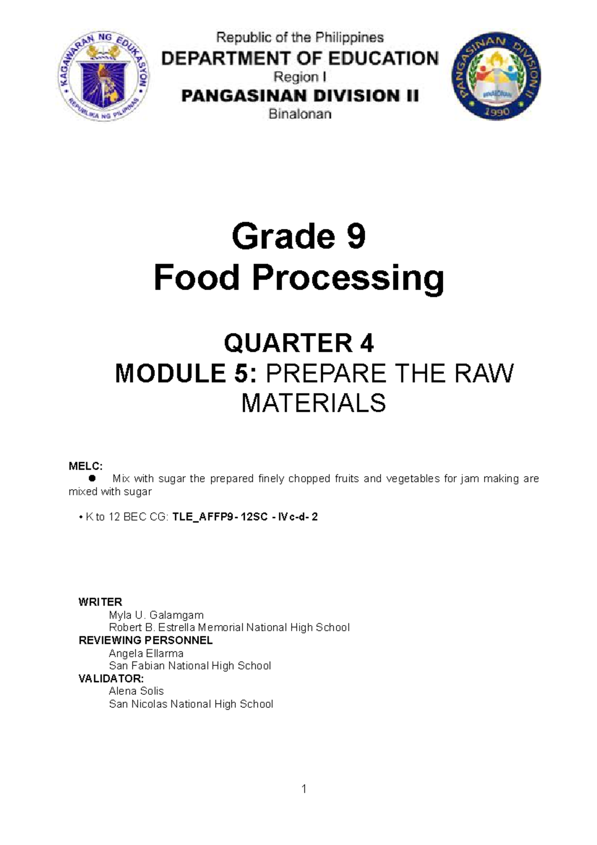 Food Processing 9 Q4 Module 5: Preparing Raw Materials for Jams - Studocu