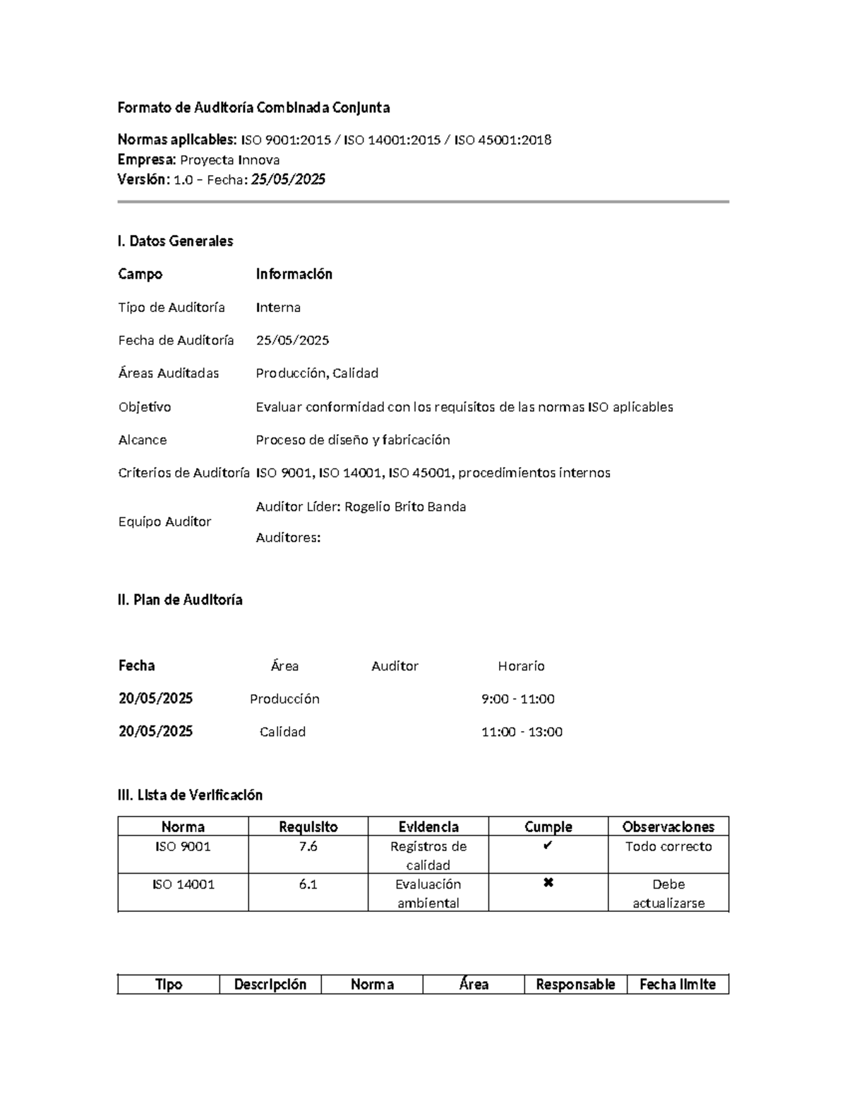 Formato de Auditoría Combinada ISO 9001:2015, 14001:2015, 45001:2018 ...