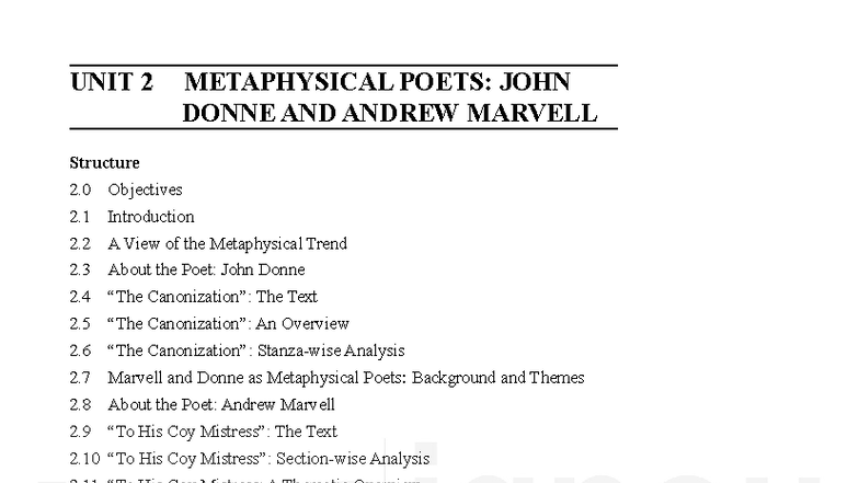 Unit 2: Metaphysical Poets - John Donne & Andrew Marvell Analysis - Studocu