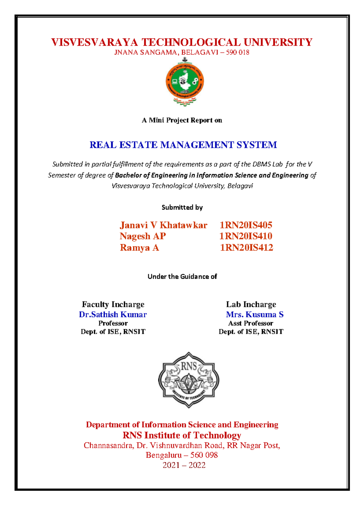 DBMS Mini Project Report: Real Estate Management System (18CSL58) - Studocu