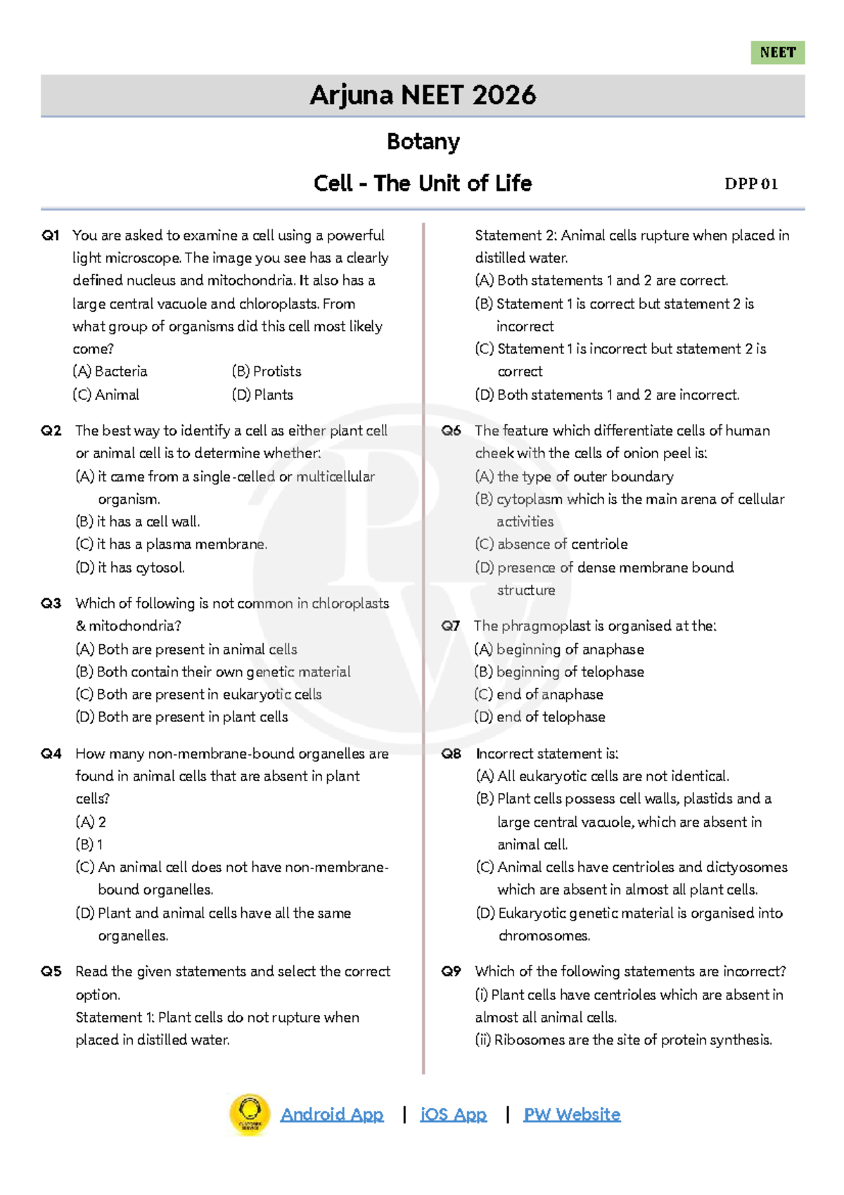 Cell - The Unit of Life DPP 01 for NEET 2026 Exam - Studocu