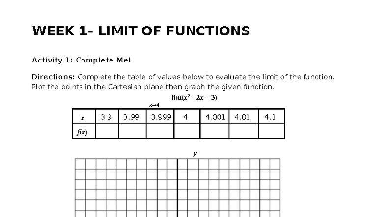 WEEK 1 Limits of Functions: Evaluating and Graphing Limits - Studocu