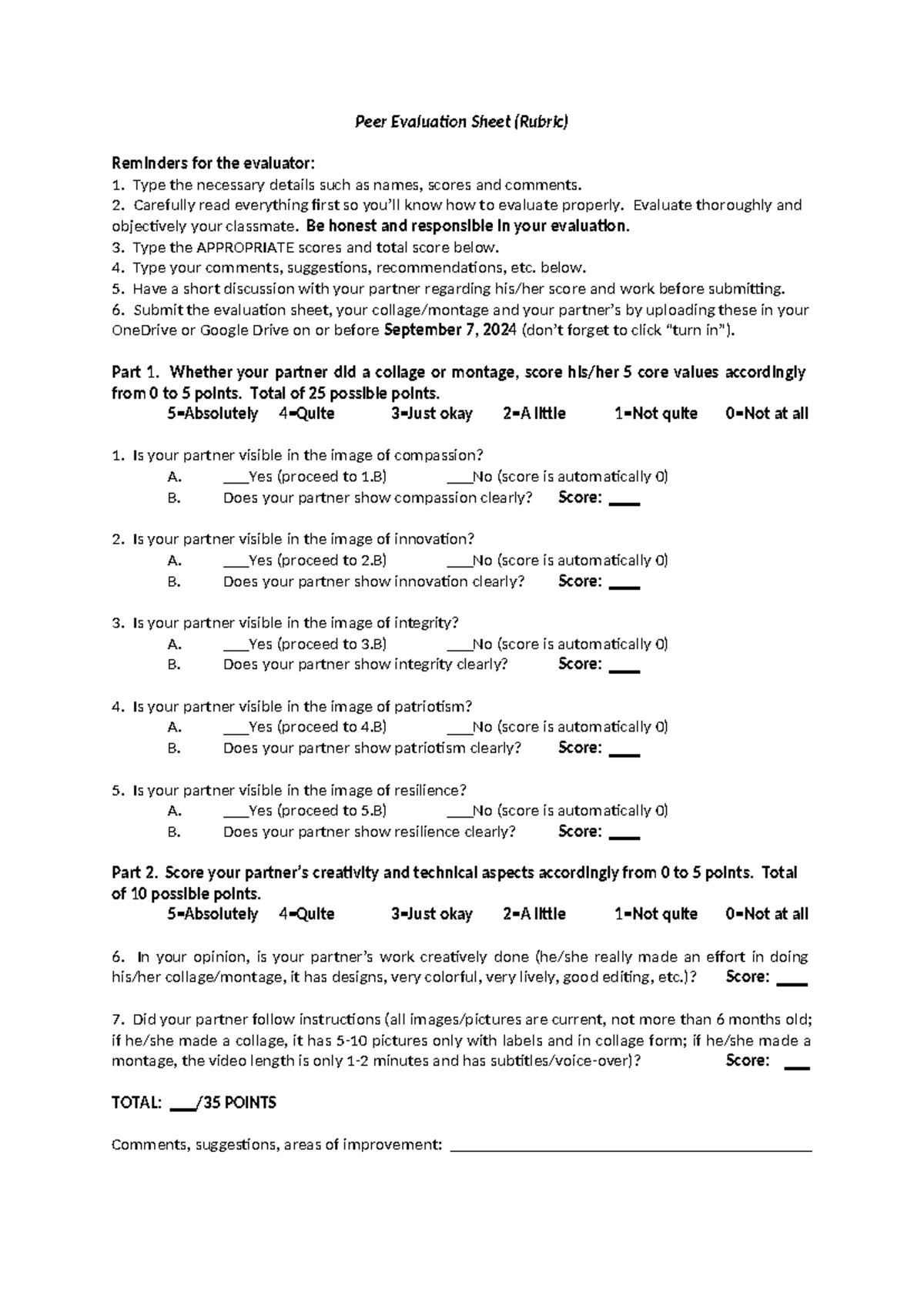 Peer Evaluation Sheet - Guidelines for Scoring Collage/Montage - Studocu