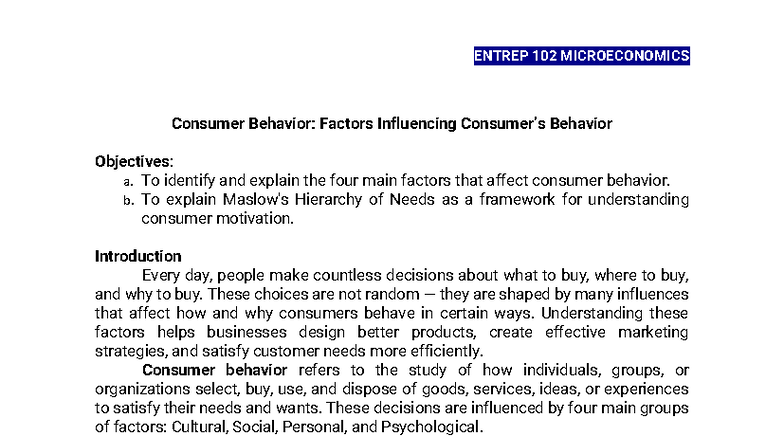 ENTREP 102: Consumer Behavior Factors and Influences Explained - Studocu