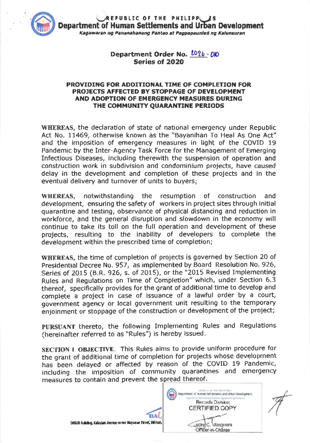 DHSUD Department Order No. 2020-010: Extension of Project Completion ...
