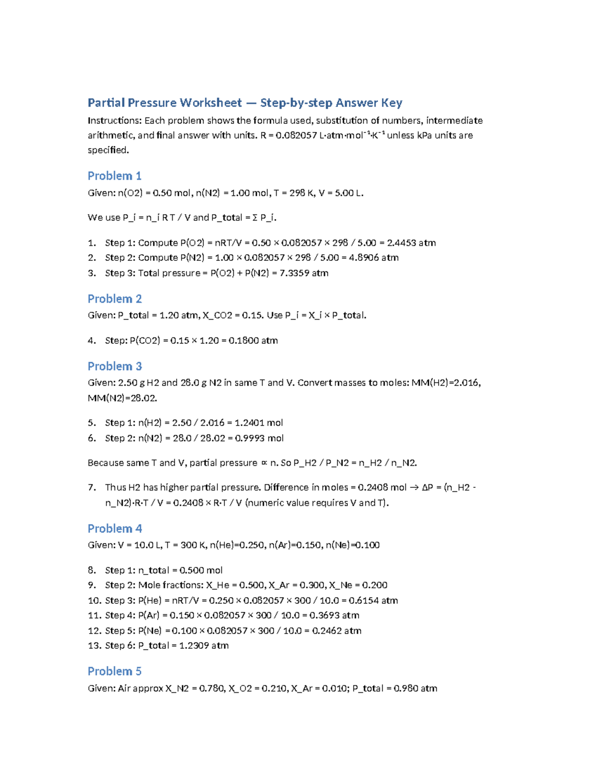 Partial Pressure Worksheet Answer Key (Chem 101) - Studocu