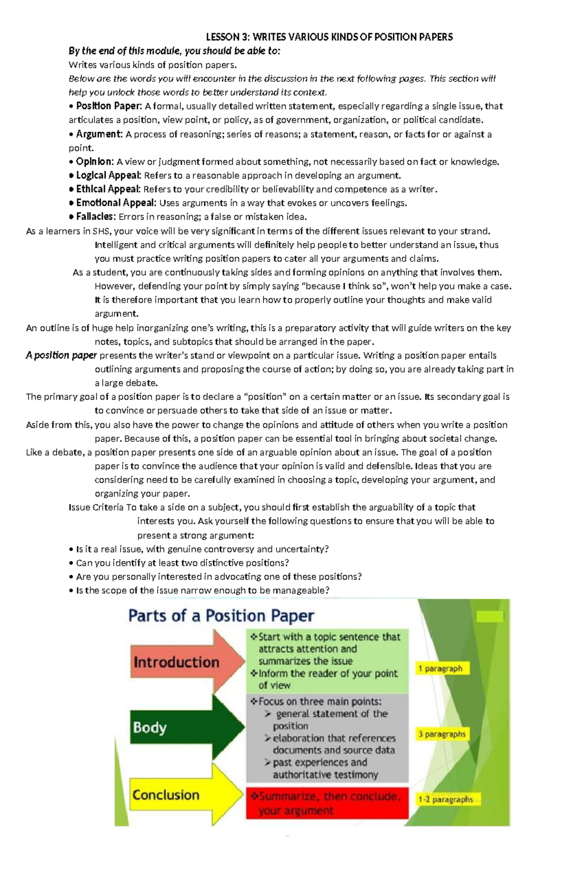 SHS Lesson 3: Writing Various Types of Position Papers - Studocu