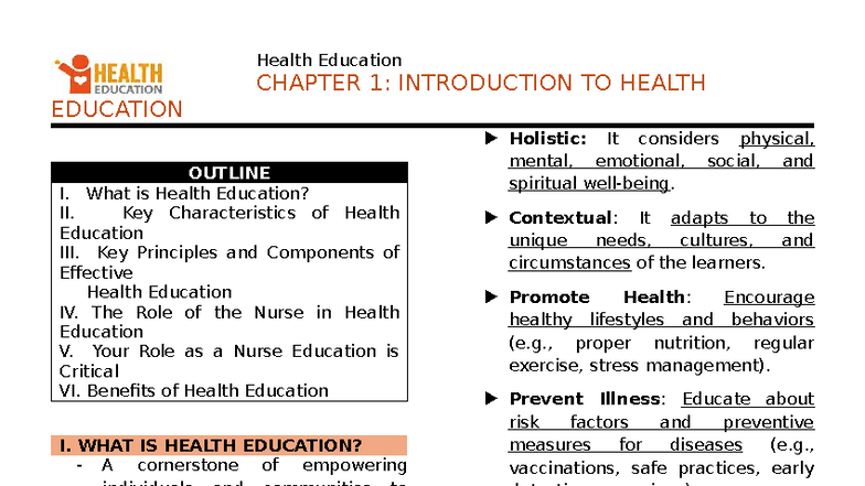 Health Education EDUCATION CHAPTER 1: INTRODUCTION TO HEALTH - Studocu