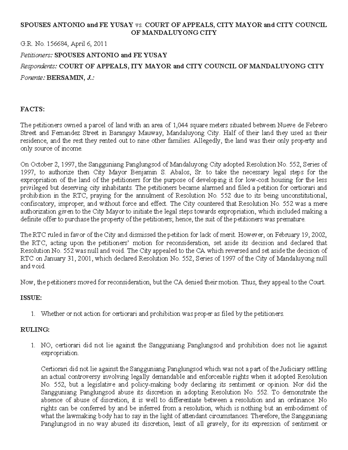SPOUSES YUSAY vs CA - Expropriation Case Analysis G.R. No. 156684 - Studocu