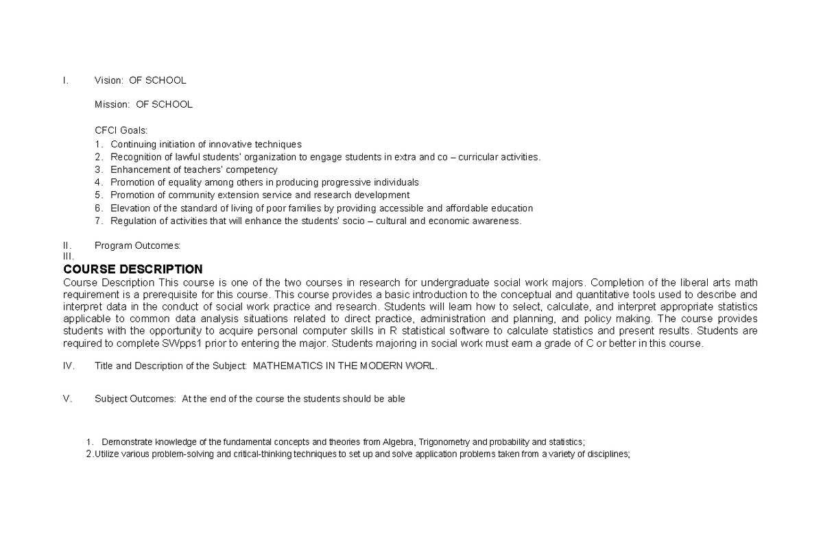 OBE GE3 Mathematics in the Modern World - Course Overview & Objectives ...