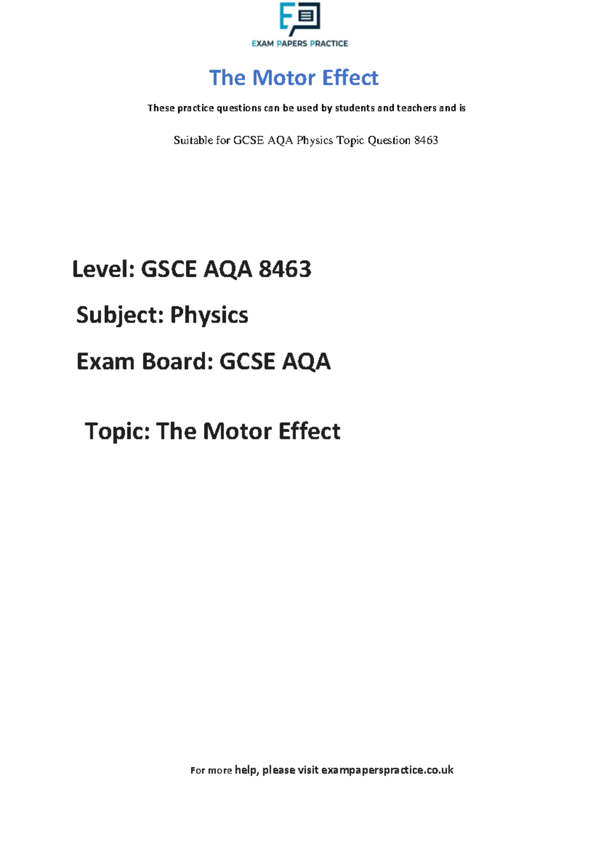 GCSE AQA Physics: Exploring the Motor Effect - Practice Questions 8463 ...