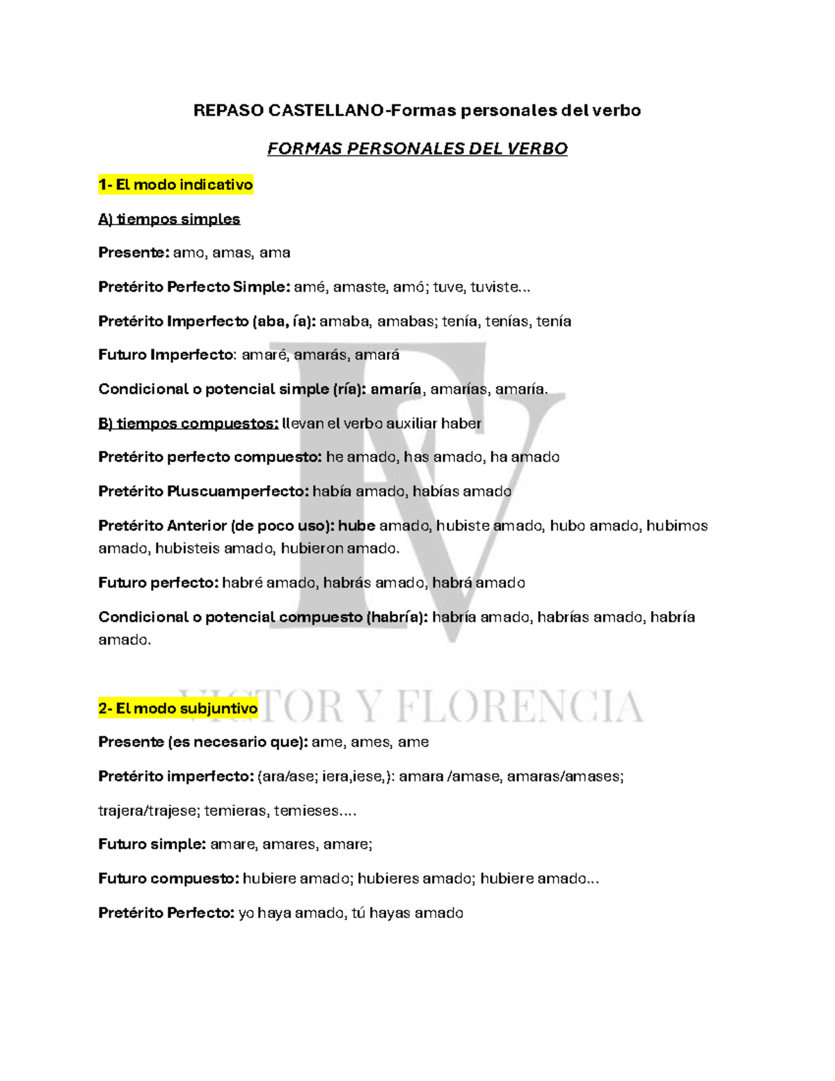 Catellano: Formas Personales del Verbo - REPASO Final Exam - Studocu