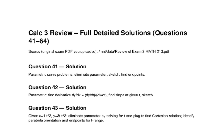 MATH 213 Calc 3 Review: Detailed Solutions to Exam 2 Questions - Studocu