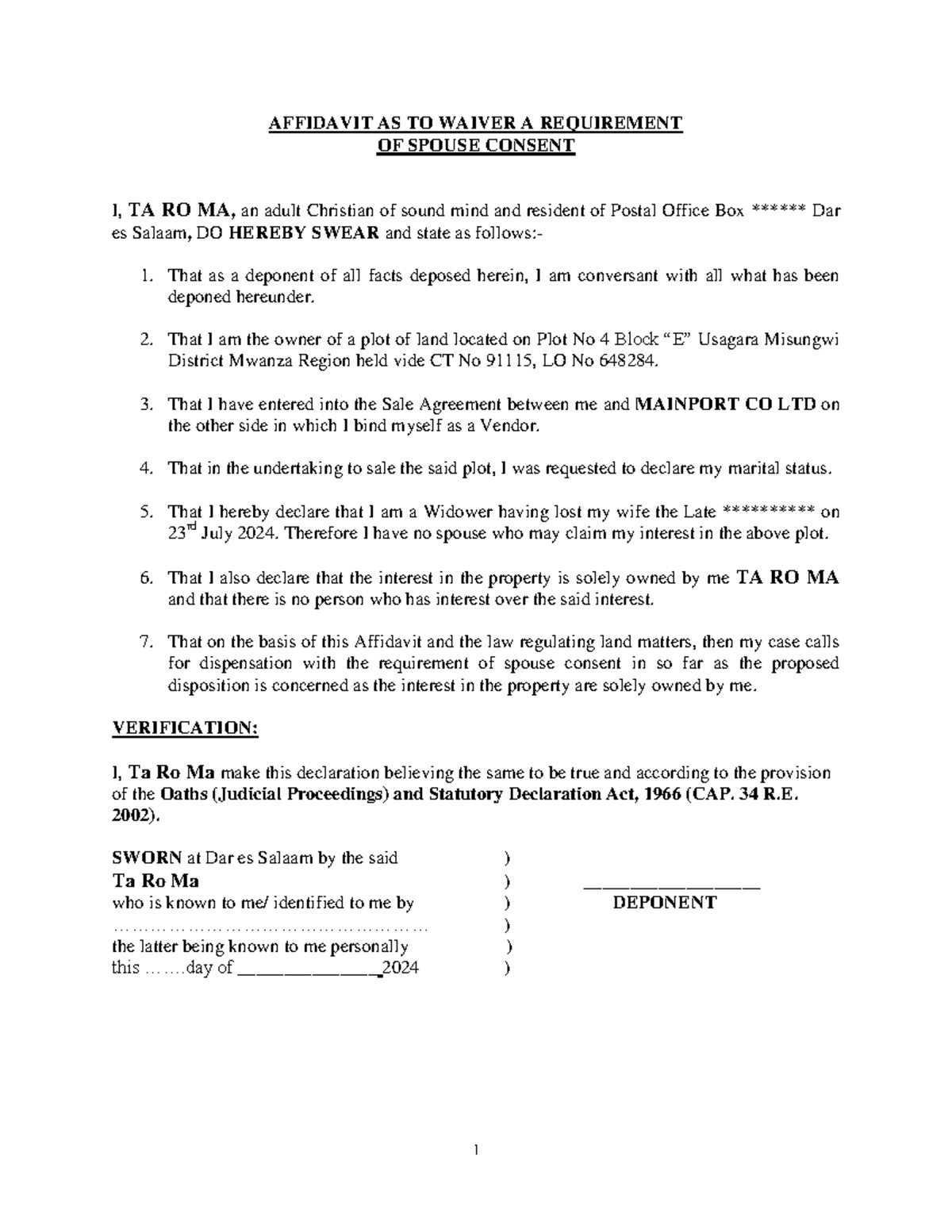 Affidavit Waiver of Spouse Consent - Ta Ro Ma - Studocu