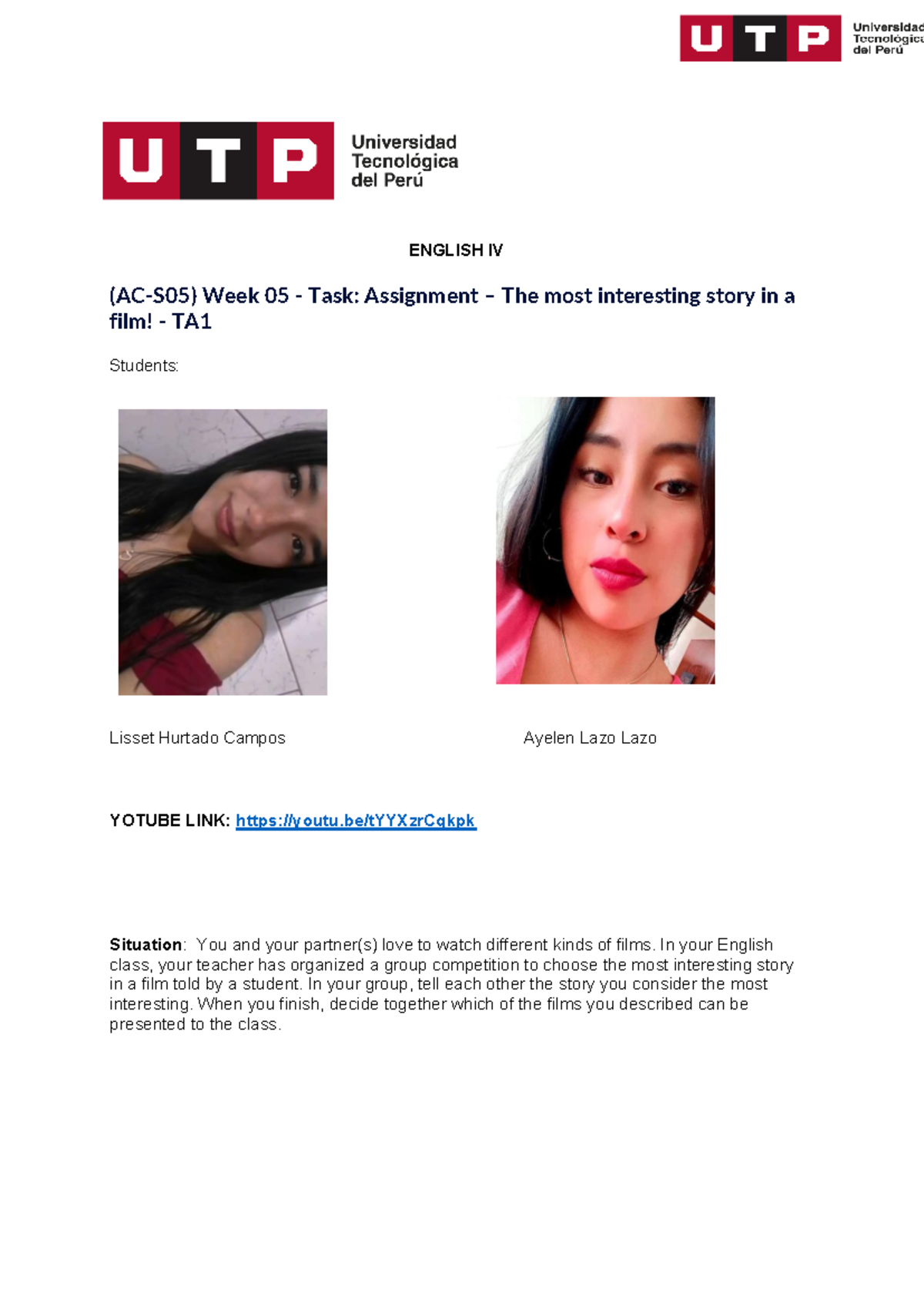 ENGLISH IV (AC-S05) Week 05 Task: Most Interesting Film Story - TA1 ...