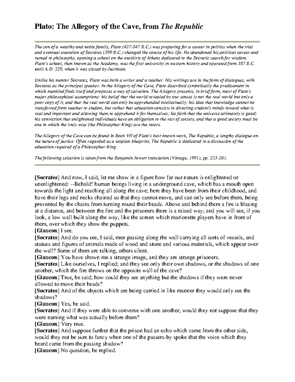 Plato s-Allegory-of-the-Cave - Plato: The Allegory of the Cave, from ...