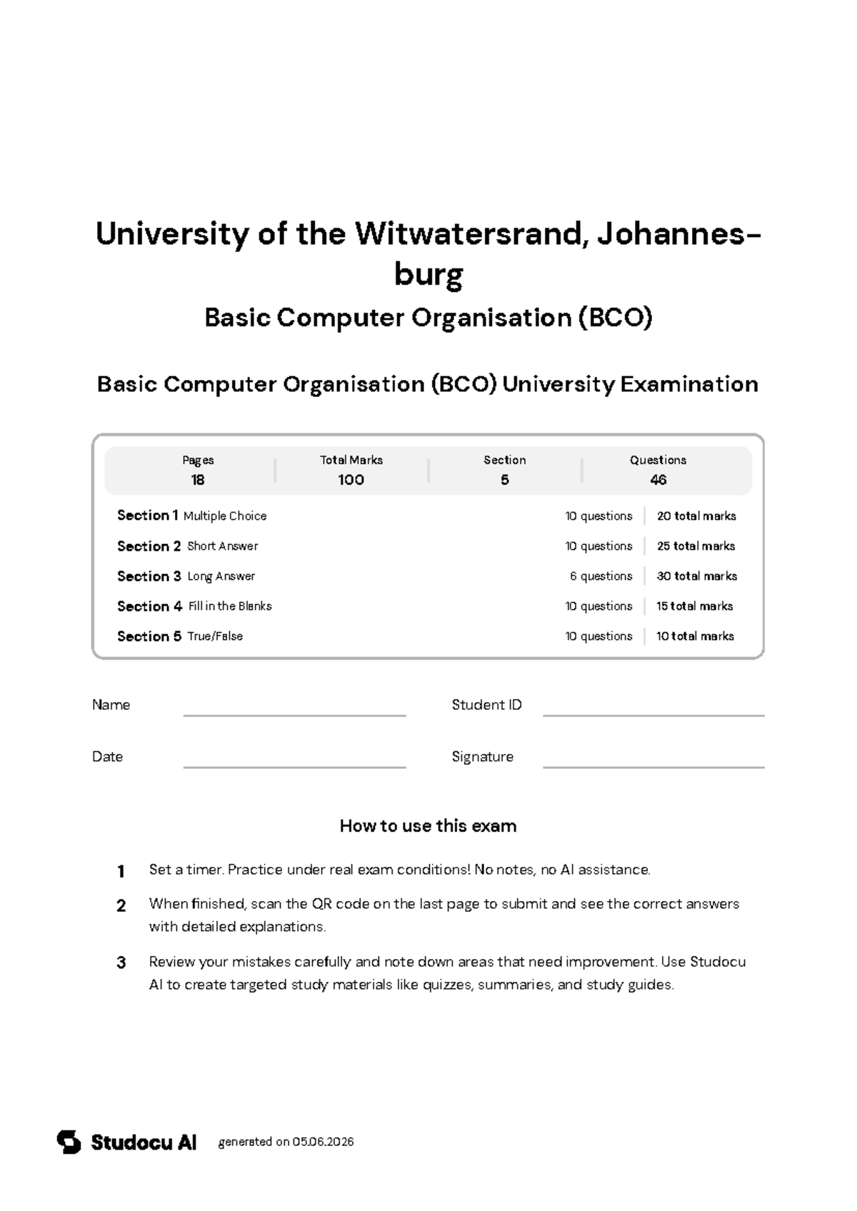 BCO University Final Exam on Computer Organisation - Studocu