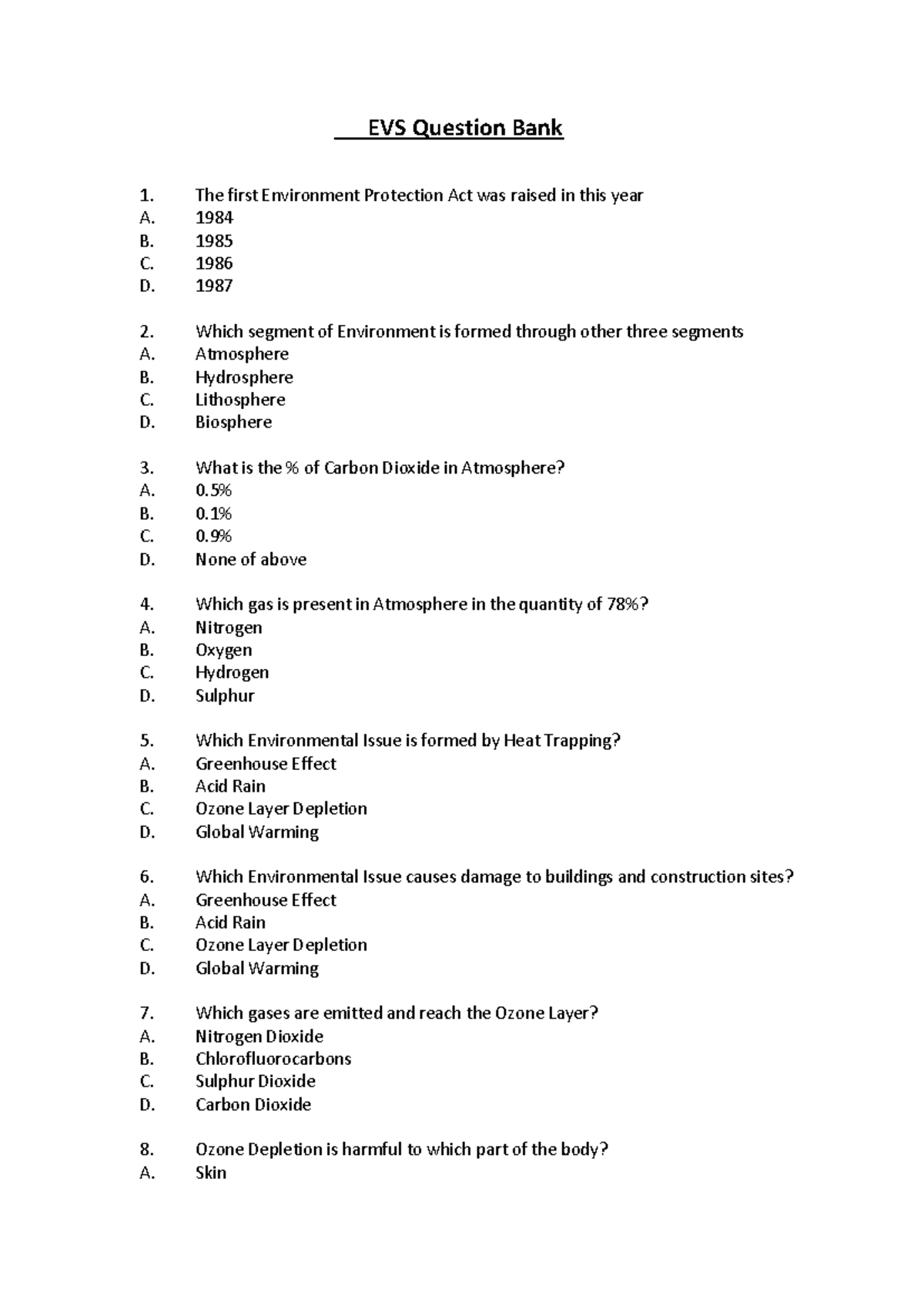 EVS Question Bank - Environmental Studies Quiz Questions - Studocu
