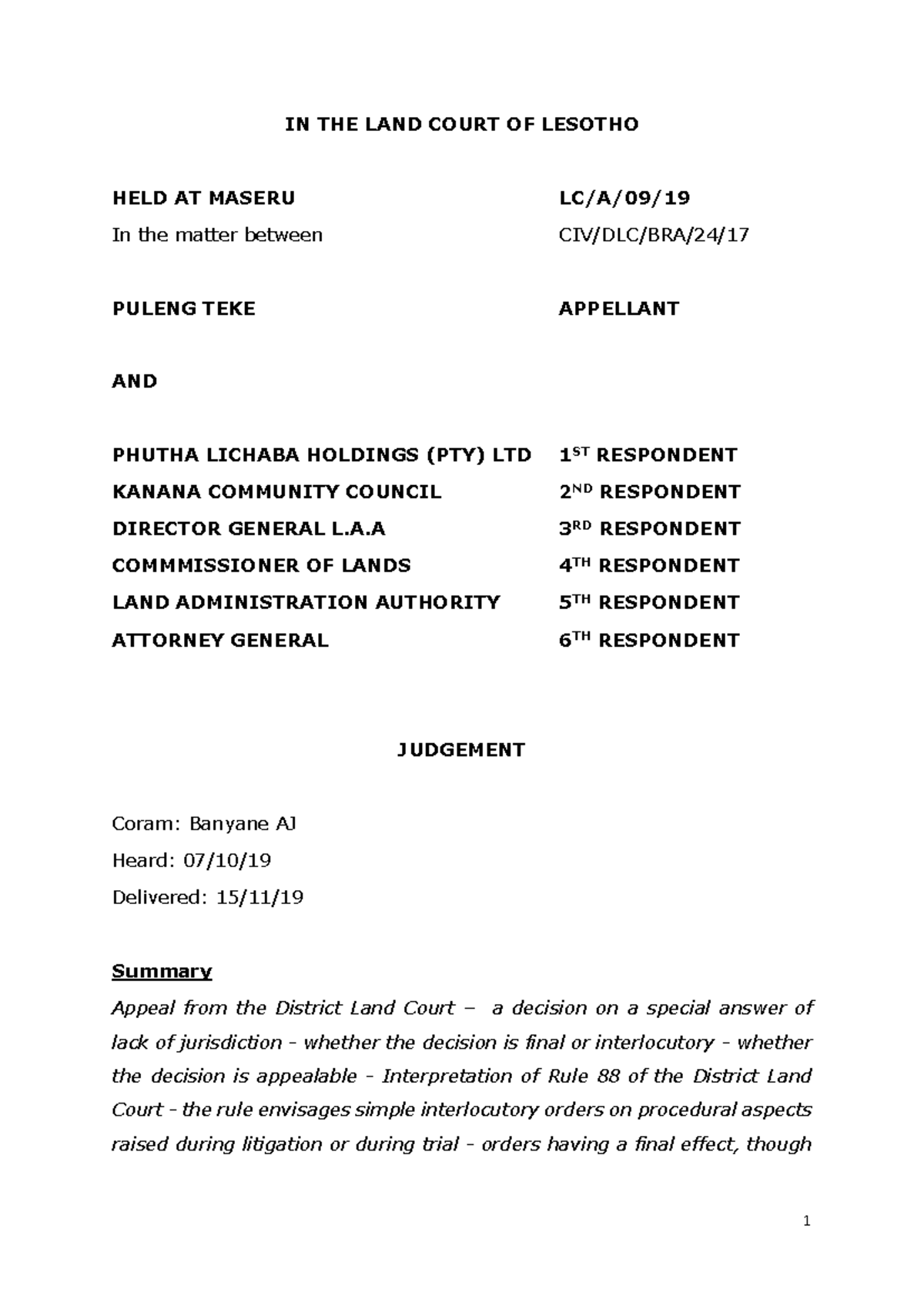 Case Analysis: Puleng Teke v Phuthalichaba Holdings - LC/A/09 ...
