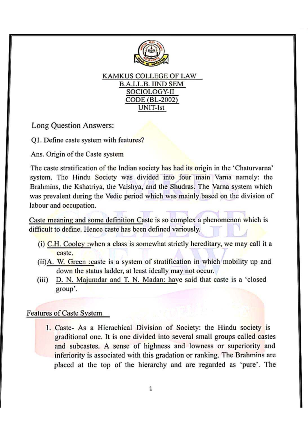 Sociology 11.07 B.A.LL.B. II Sem: Caste System Long Q&A Notes - Studocu