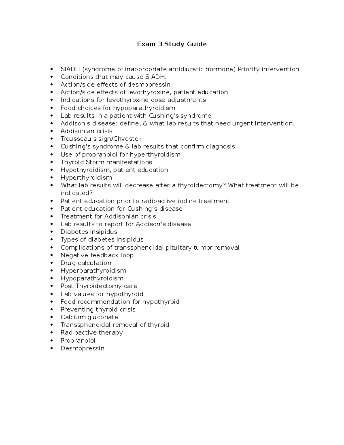 Exam 3 Study Guide - nursing - Exam 3 Study Guide SIADH (syndrome of ...