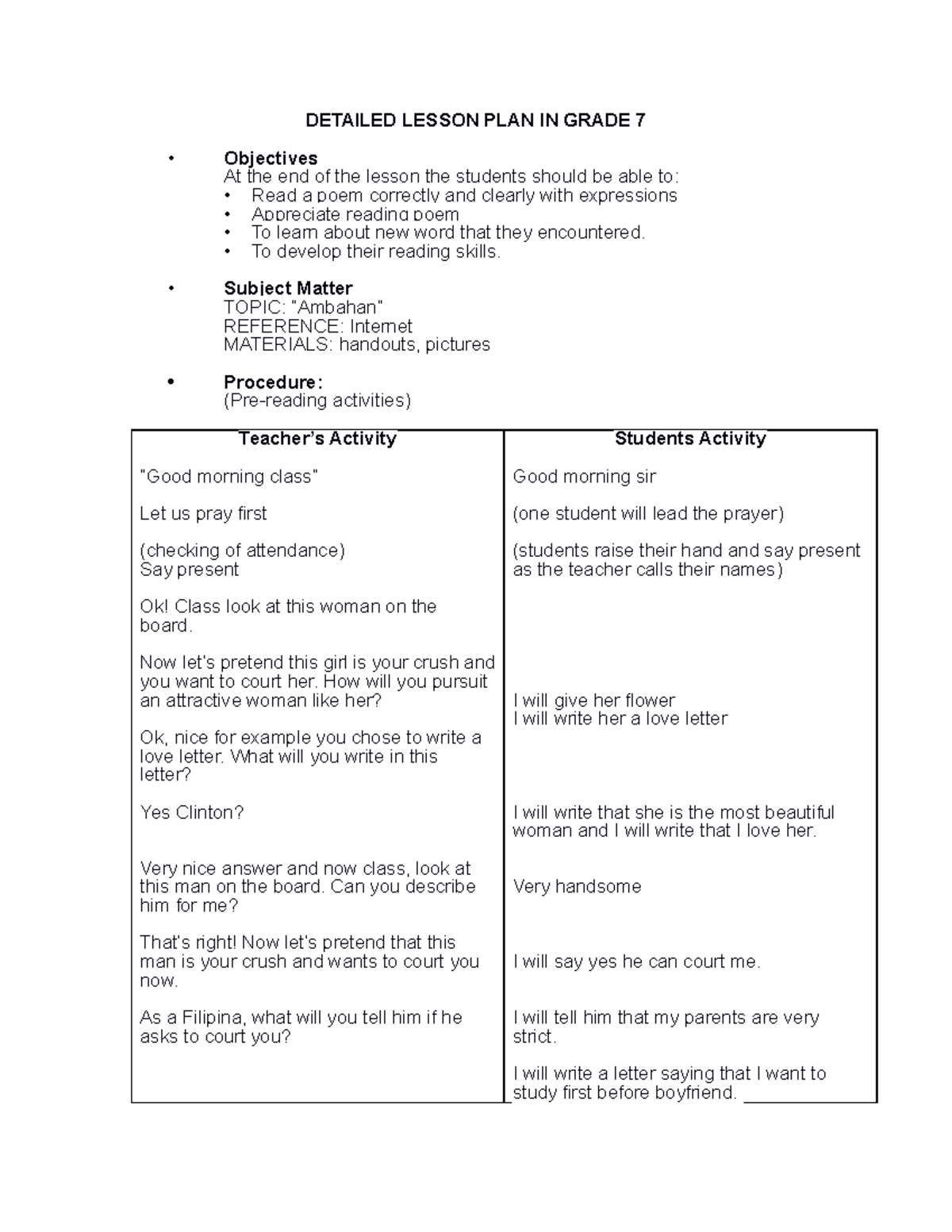 Detailed Lesson Plan in Grade - DETAILED LESSON PLAN IN GRADE 7 ...