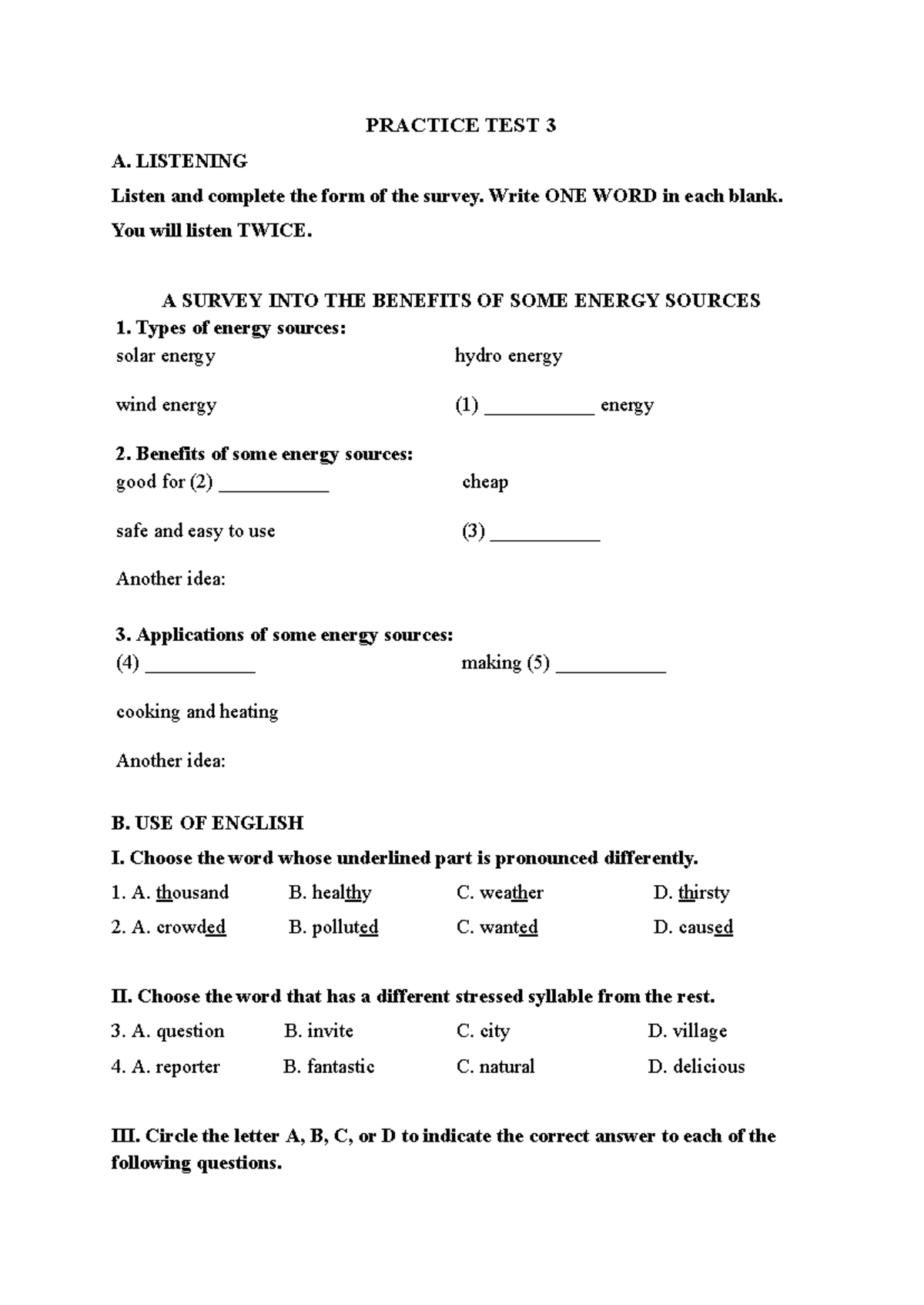 Practice Test 3 - Listening & Use of English on Energy Sources - Studocu