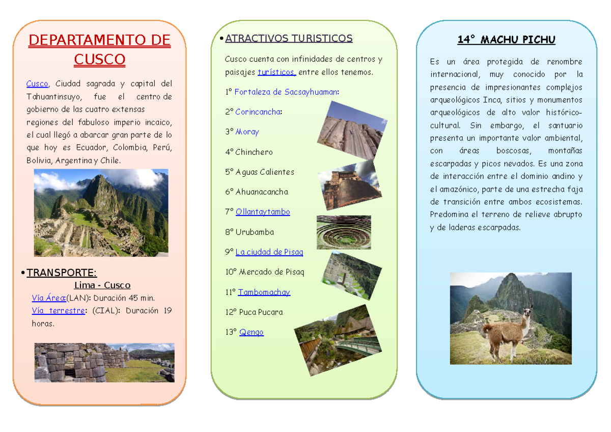 Triptico sobre Atractivos Turísticos de Cusco 2023 - Studocu