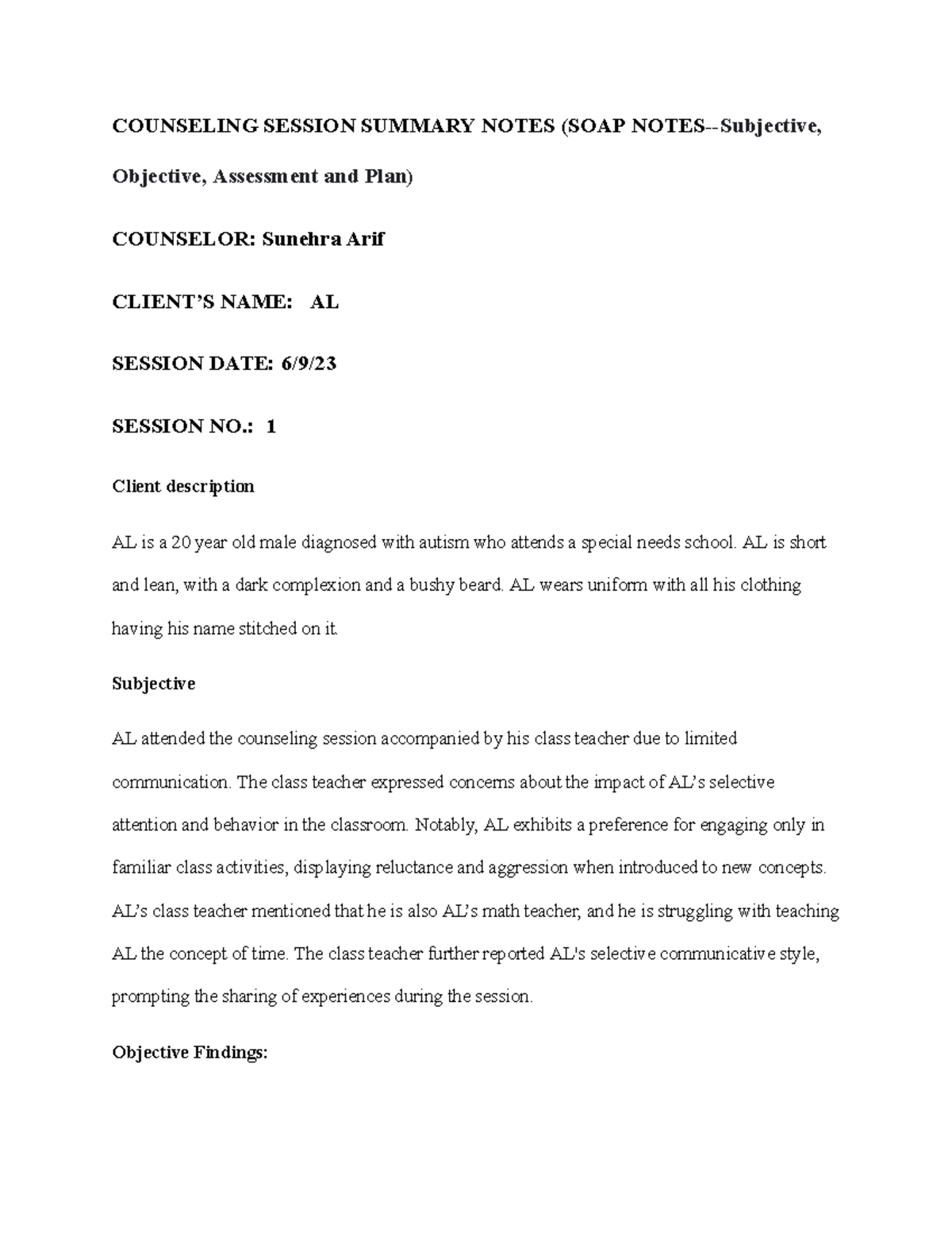 COUNSELING SESSION SOAP NOTES: AL's Progress & Treatment Plan - Studocu