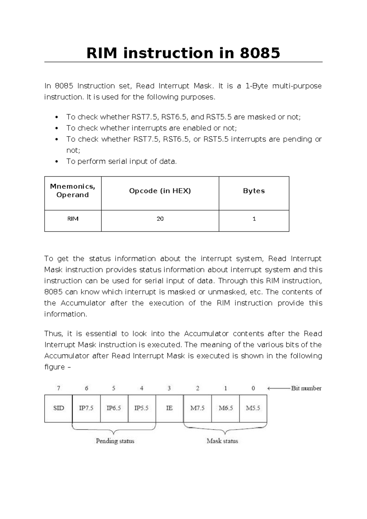 RIM and SIM Instructions in 8085 Microprocessor: Insights and Applications - Studocu