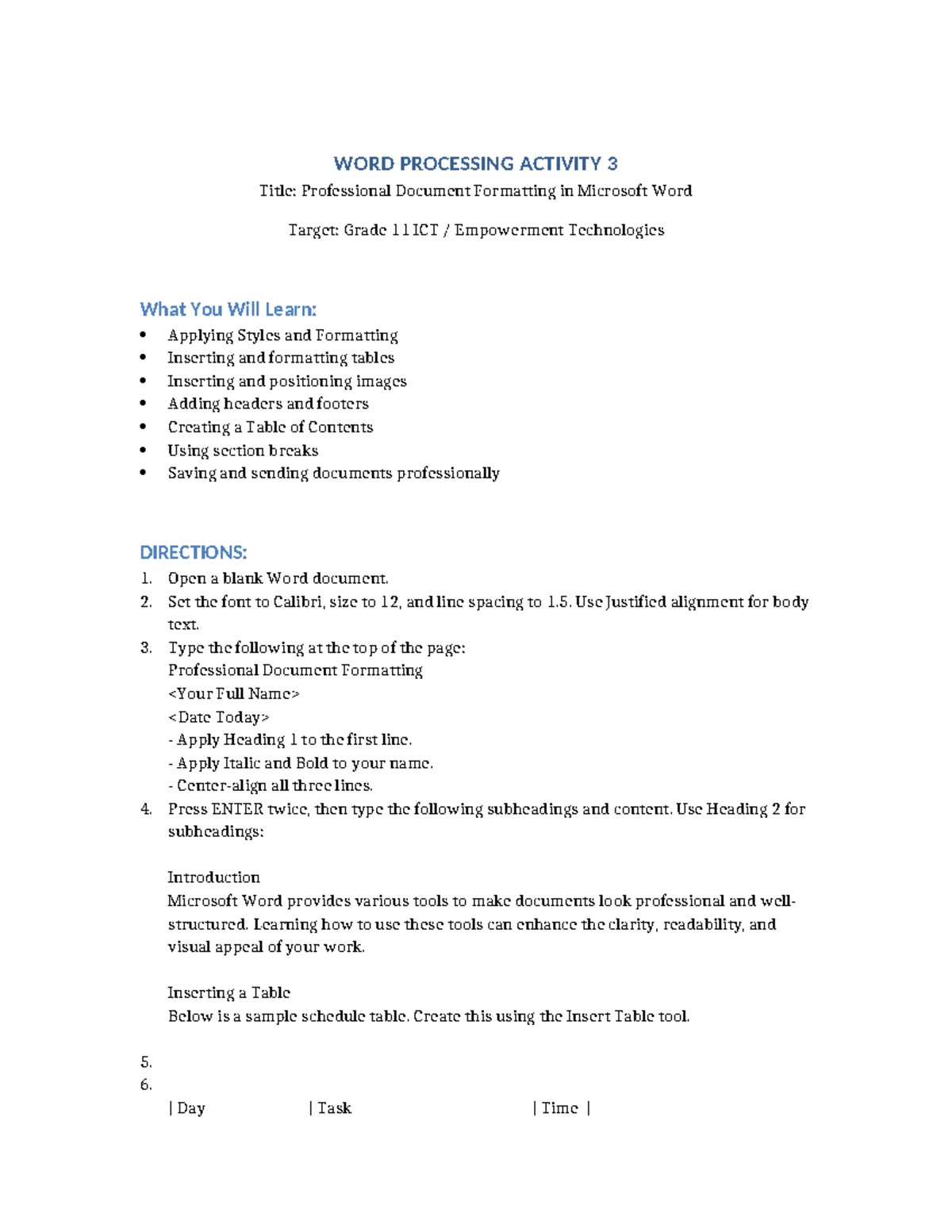 Grade 11 ICT: Professional Document Formatting in MS Word Activity 3 - Studocu