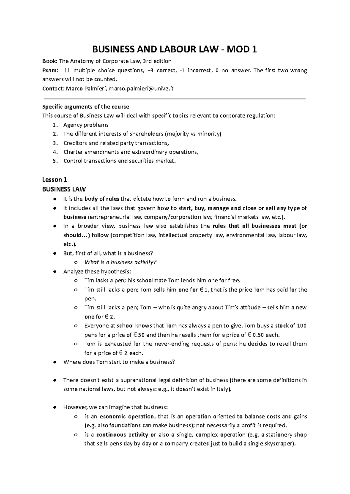 Business and Labour Law - Final Notes for Mod 1 Exam - Studocu