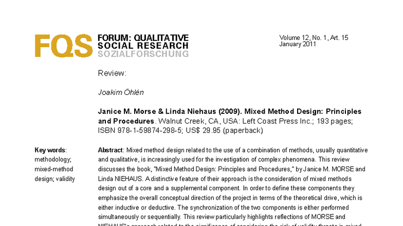 Review of Mixed Method Design: Principles & Procedures (MORS 2009) - Studocu