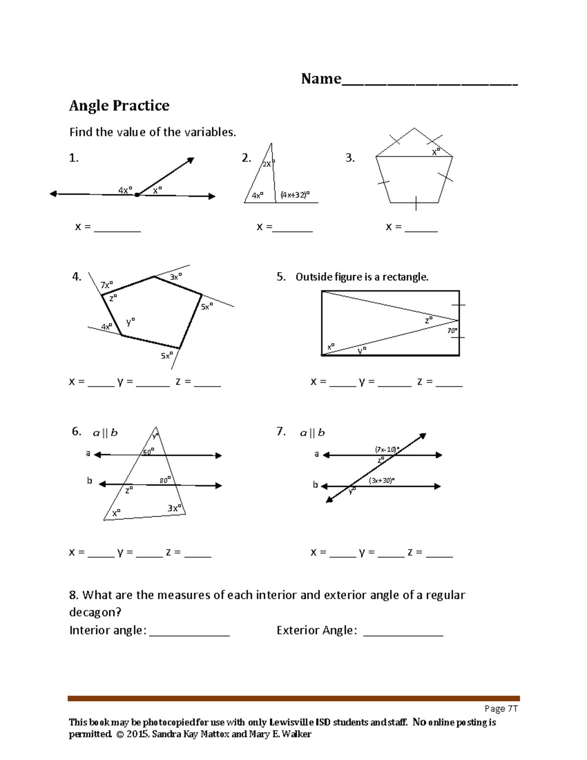 Angle Practice: Finding Variable Values and Decagon Angles - Studocu