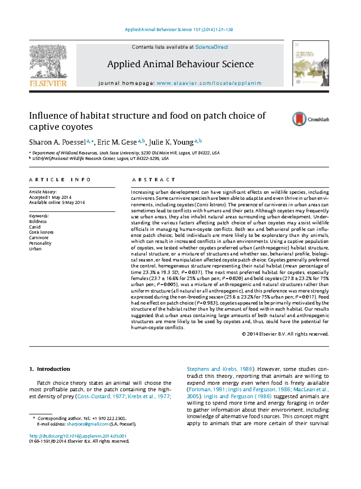 Influence of Habitat Structure on Coyote Patch Choice (Applied Animal ...