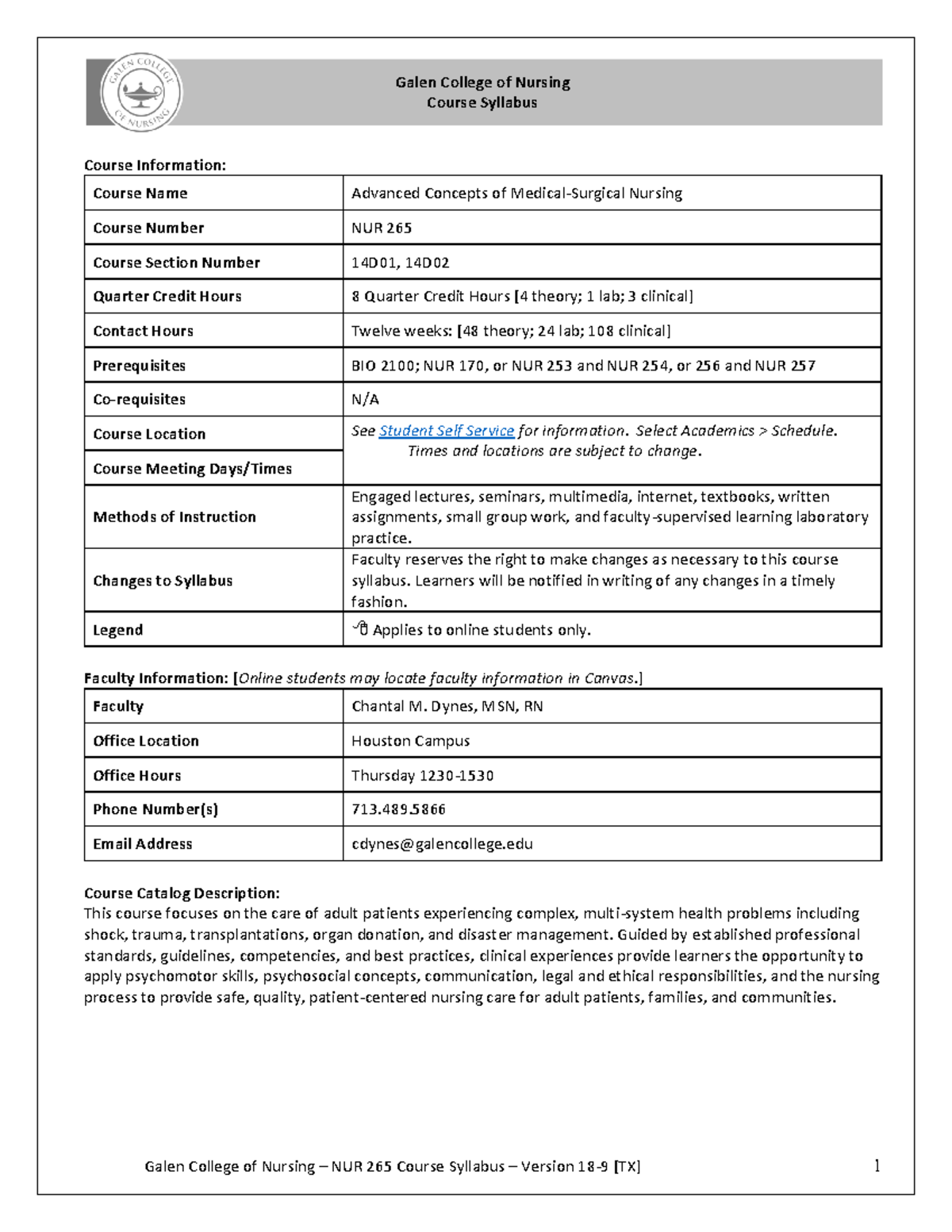 NUR 265 Syllabus Version - Galen College of Nursing Course Syllabus ...