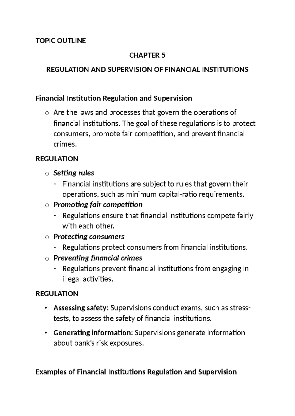 Regulation & Supervision of Financial Institutions - THESIS Outline ...
